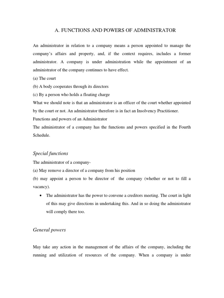 Functions and Powers of Administrator | PDF | United Kingdom Insolvency ...