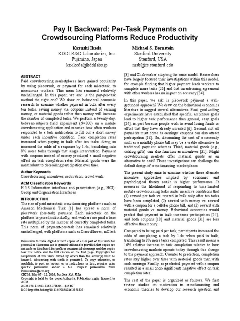Pay It Backward: Per-Task Payments On Crowdsourcing Platforms Reduce Productivity | PDF ...
