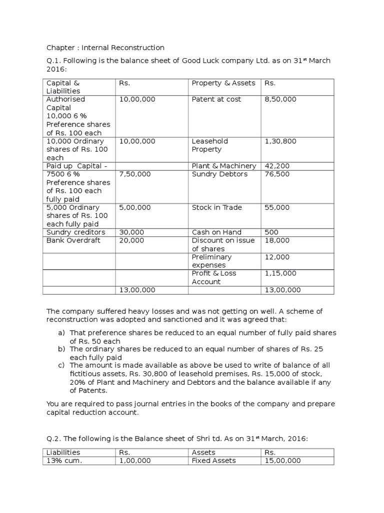 Chapter Internal Reconstruction | PDF | Dividend | Equity (Finance)