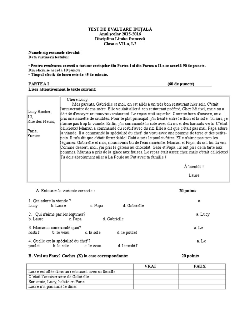 Clasa A VII A Initial | PDF