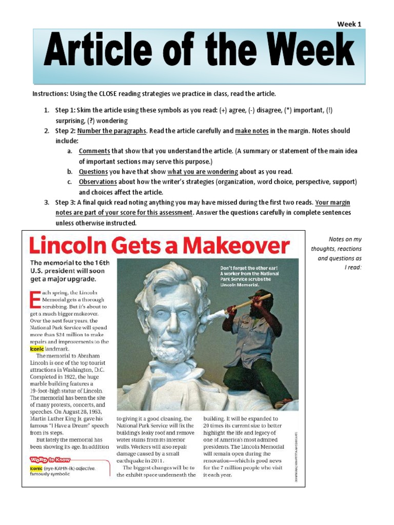 5th Grade Article of the Week: Lincoln Memorial | PDF