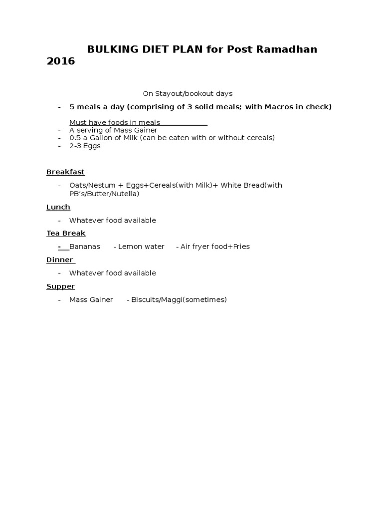 BULKING DIET PLAN For Post Ramadhan 2016: - 5 Meals A Day (Comprising ...