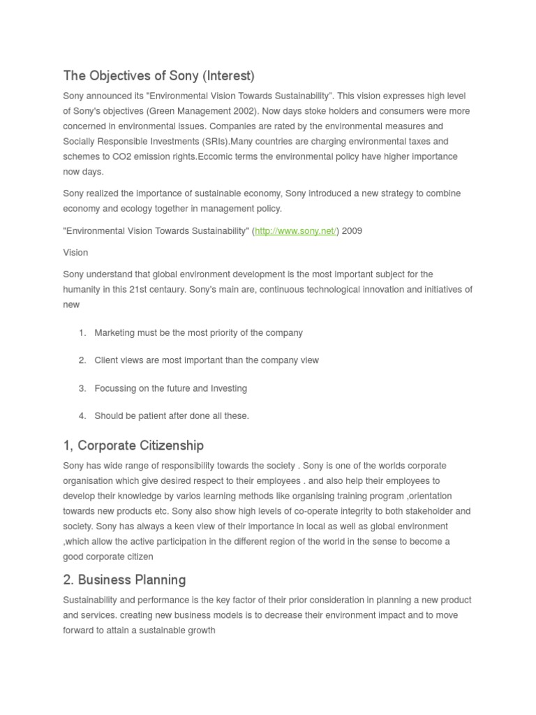 The Objectives of Sony | PDF | Sony | Corporate Social Responsibility