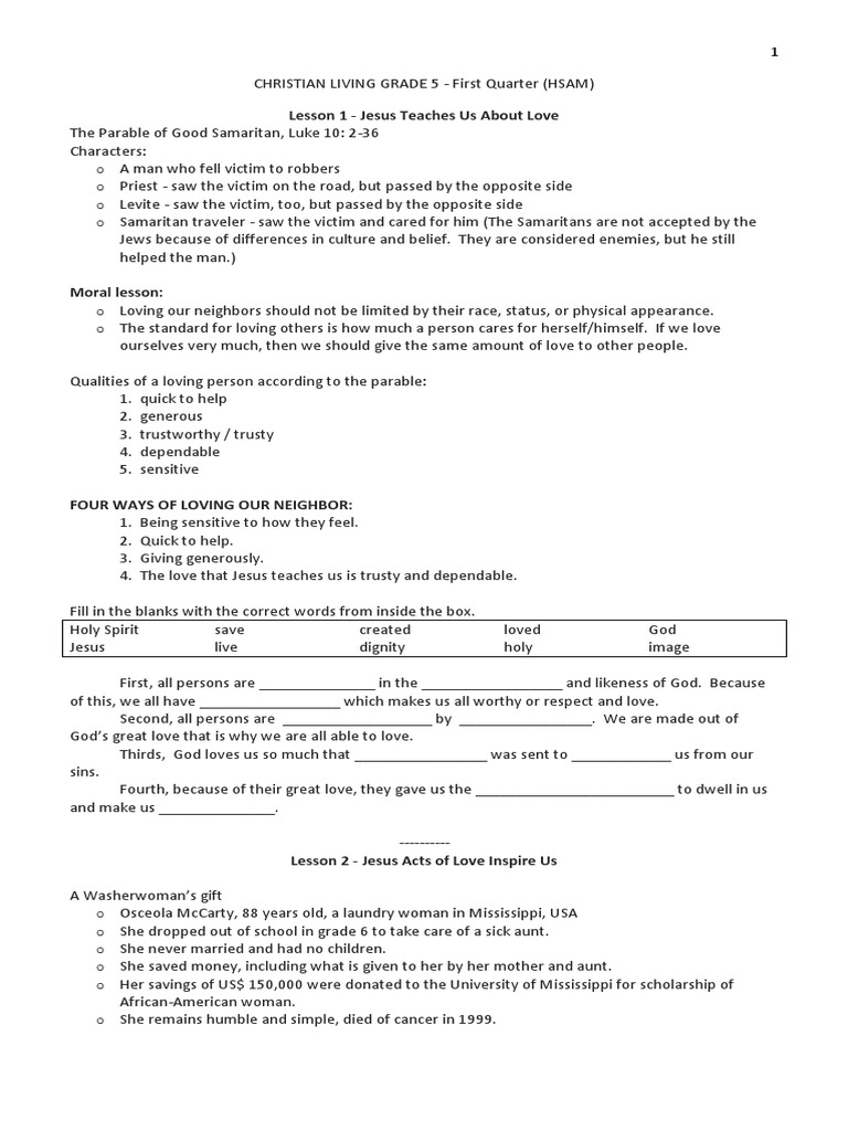 CHRISTIAN LIVING Grade 5 - First Periodical Reviewer | PDF ...