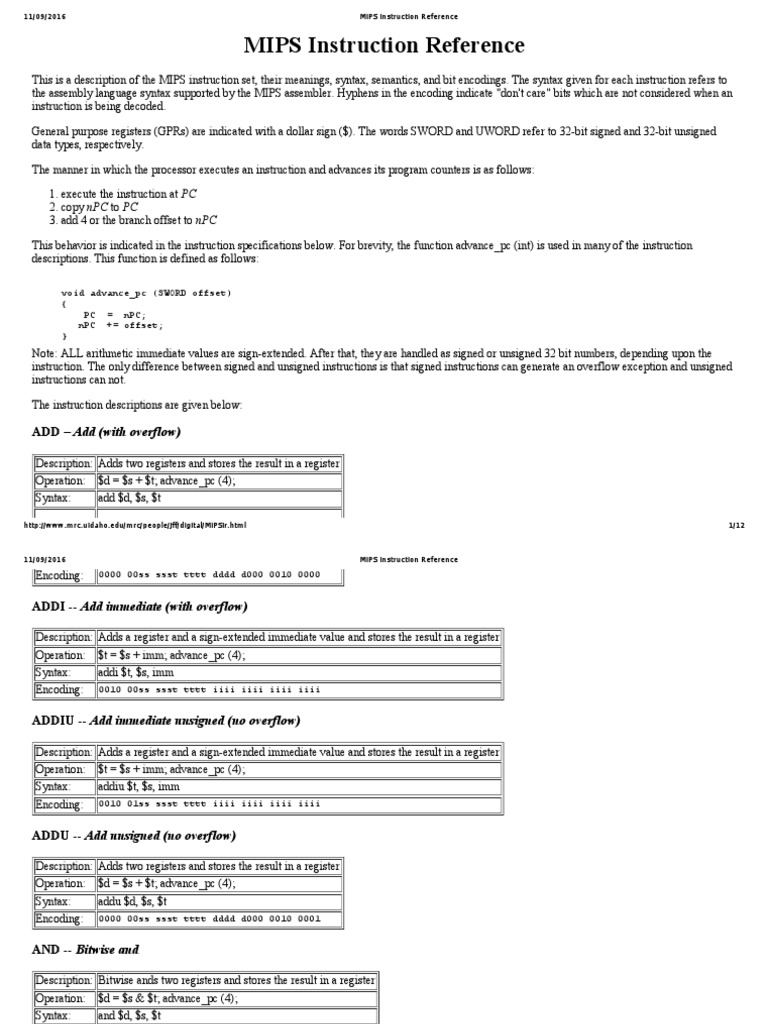 MIPS Instruction Reference | PDF | Assembly Language | Subroutine MIPS Instruction Reference | PDF | Assembly Language | Subroutine