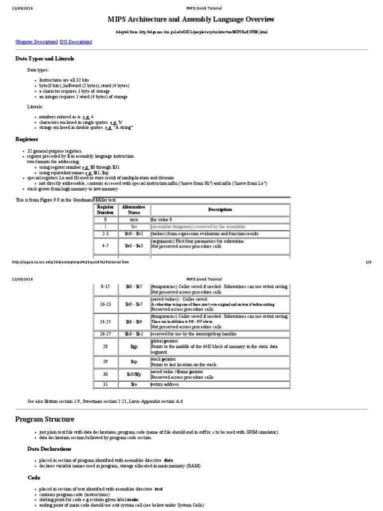 Assembly Mips Quick Tutorial Subroutine String Computer Science 
