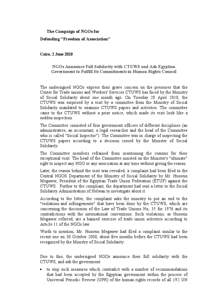 EGYPT - NGOs Announce Full Solidarity With CTUWS | PDF | Egypt | Human ...