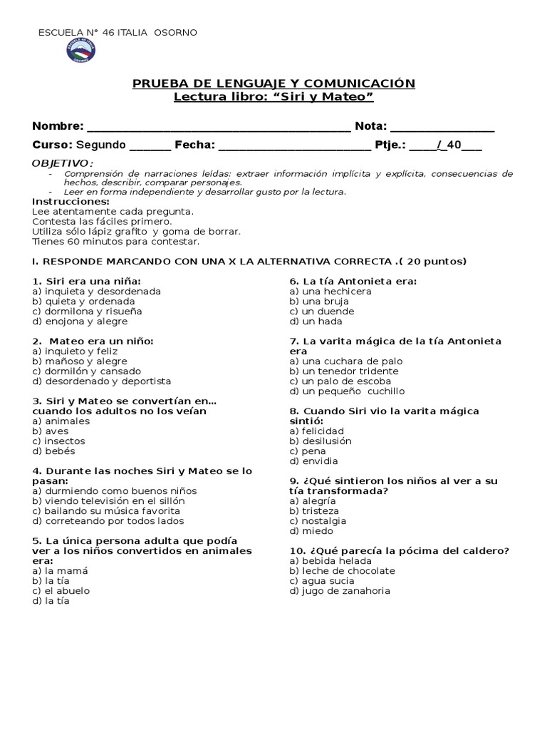 Prueba de Lenguaje Siri y Mateo | PDF