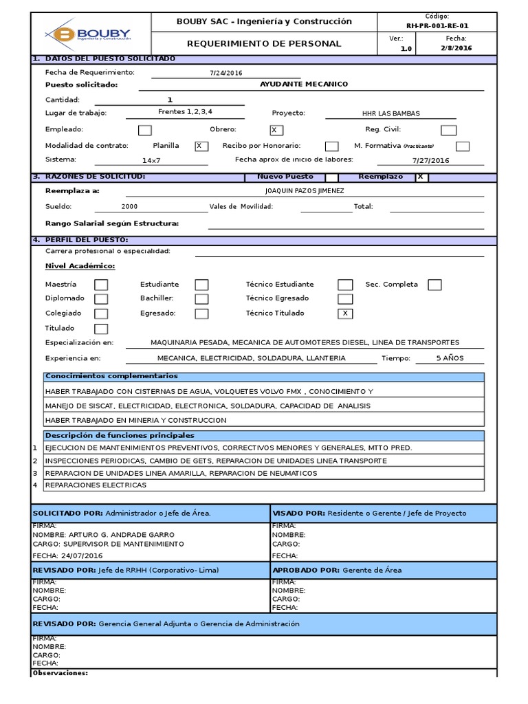 Formato de Requerimiento de Personal 2016 | PDF