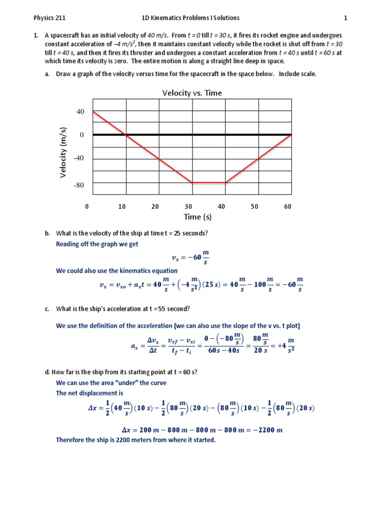1D Kinematics Problems I Solutions | PDF | Velocity | Acceleration