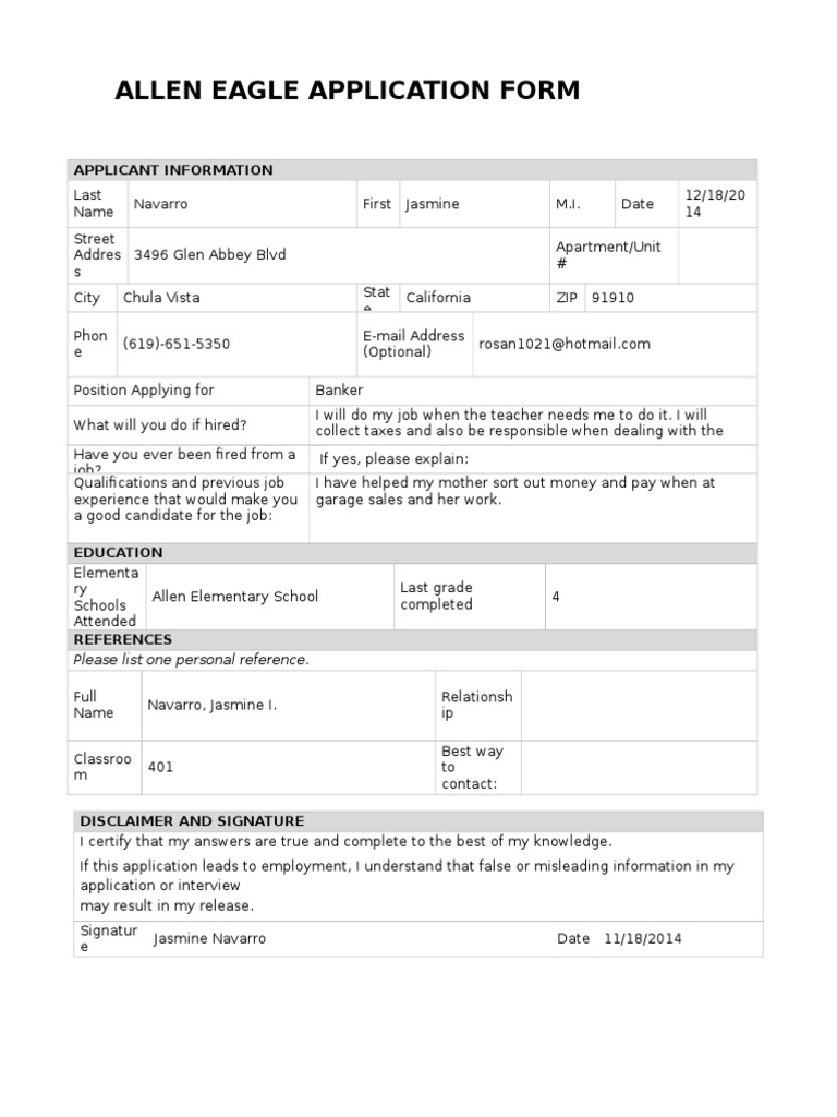 Allen Eagle Application Form: Applicant Information | PDF