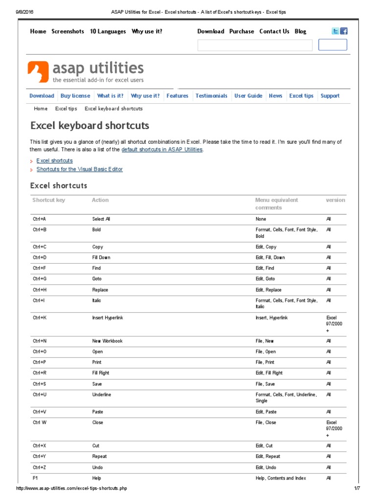 ASAP Utilities For Excel - Excel Shortcuts - A List of Excel's Shortcut ...