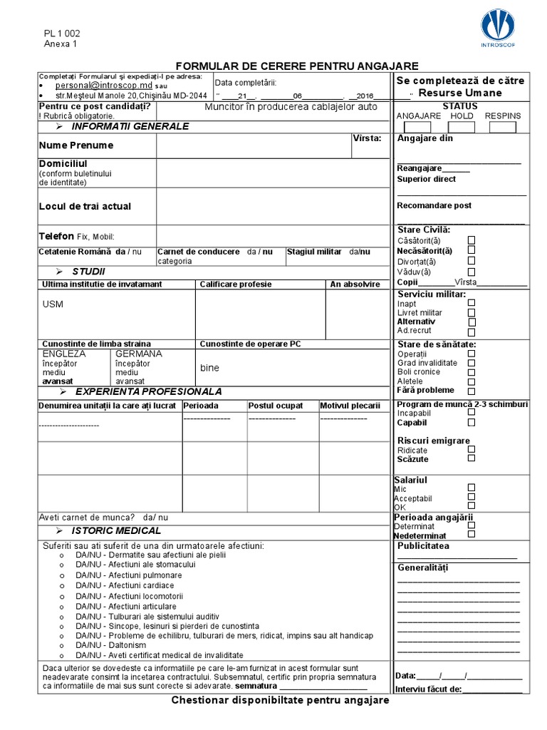 Formular Angajare Fisa de Interviu INTROSCOP | PDF