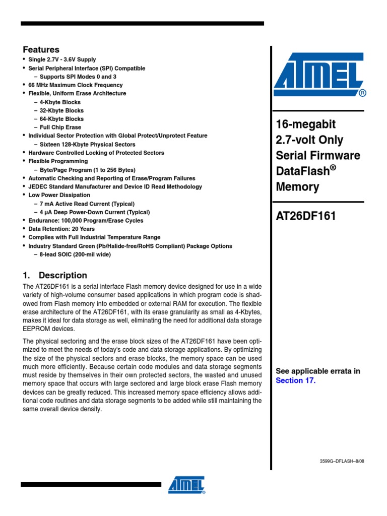 16-Megabit 2.7-Volt Only Serial Firmware Dataflash Memory At26Df161 | PDF | Flash Memory ...