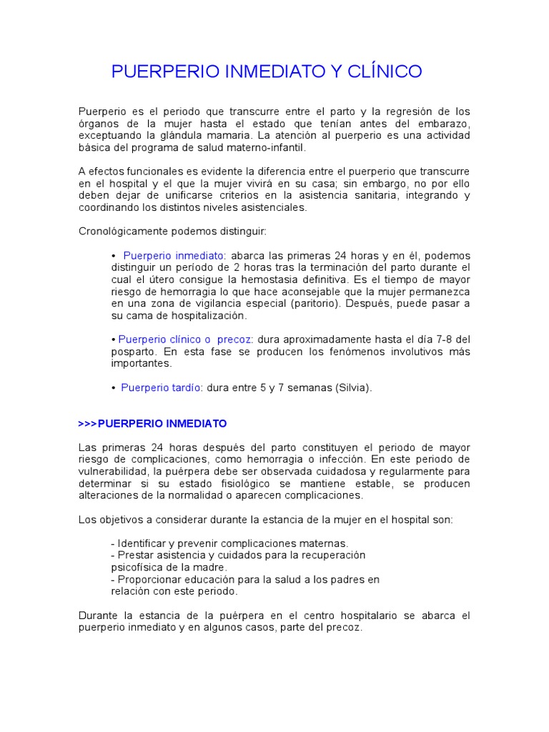 Puerperio Inmediato y Clinico | PDF | Periodo posparto | Parto