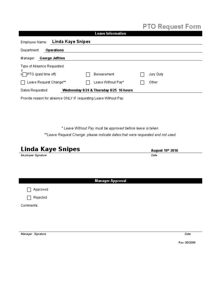 PTO Request Form: Linda Kaye Snipes | PDF