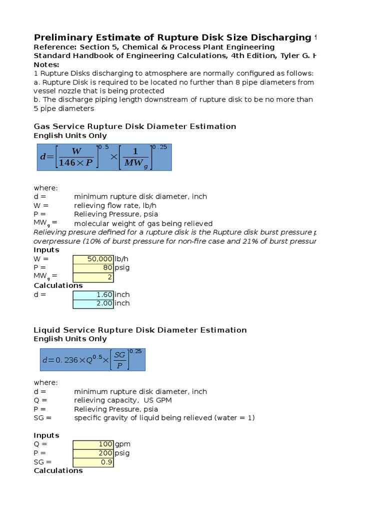 Rupture Disk Size Preliminary Estimate | PDF | Pressure | Soft Matter