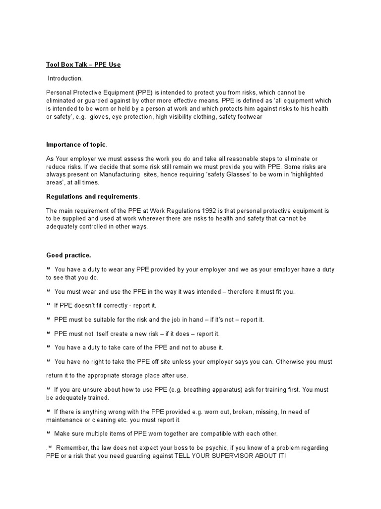 Toolbox Talk Ppe | PDF | Personal Protective Equipment | Occupational ...