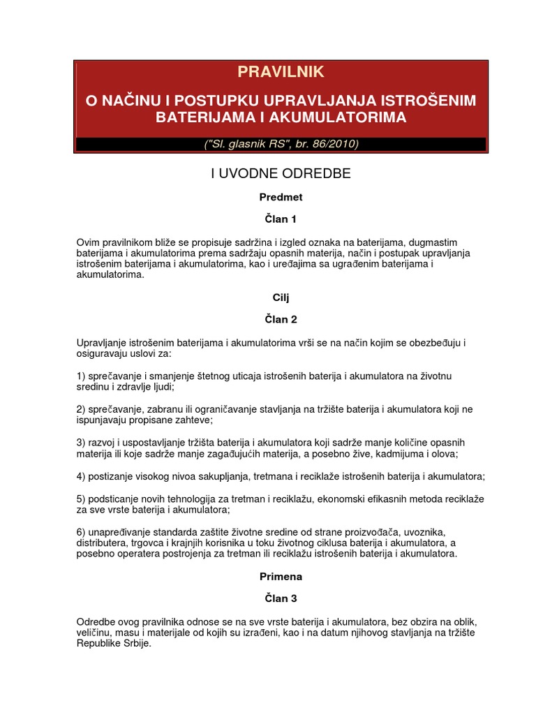 Pravilnik o Nacinu I Postupku Upravljanja Istrosenim Baterijama I ...