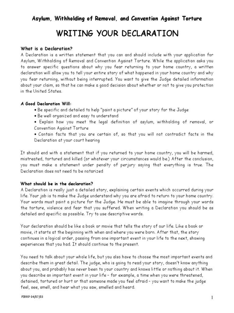 Declaration Asylum Withholding of Removal and Convention Against ...