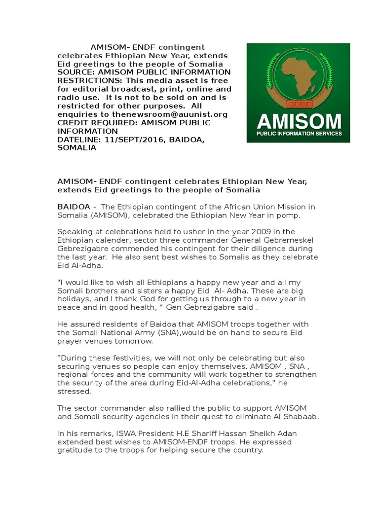 AMISOM - ENDF Contingent Celebrates Ethiopian New Year, Extends Eid ...