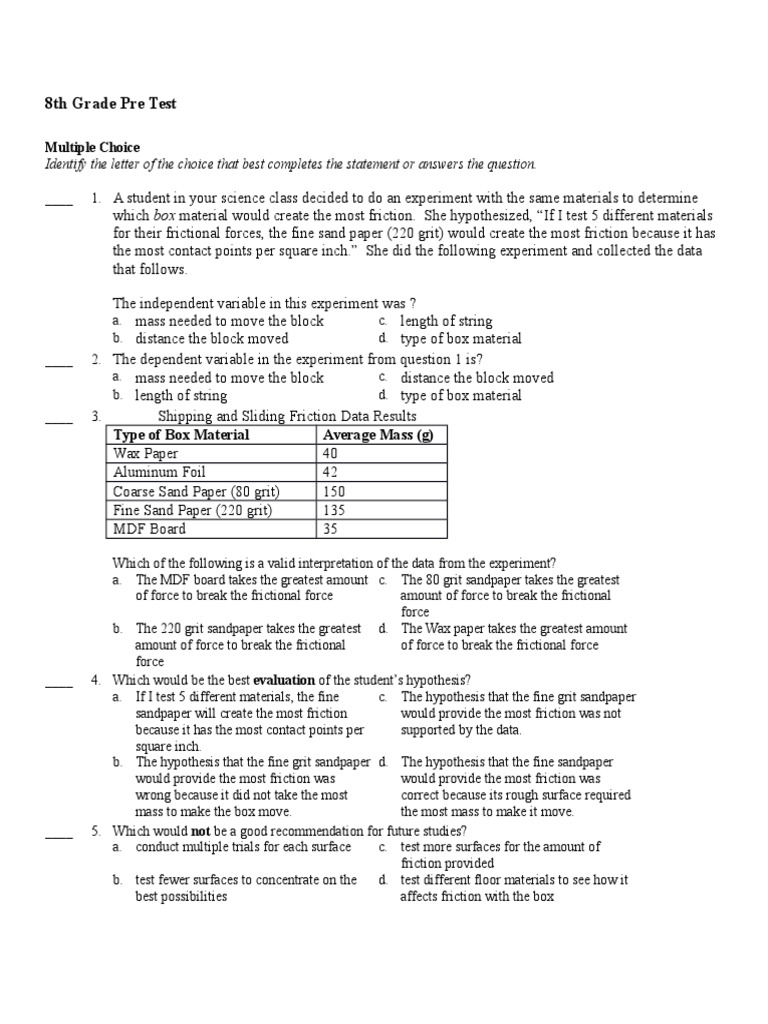 8th Grade Pre Test Student | PDF | Molecules | Chemical Bond