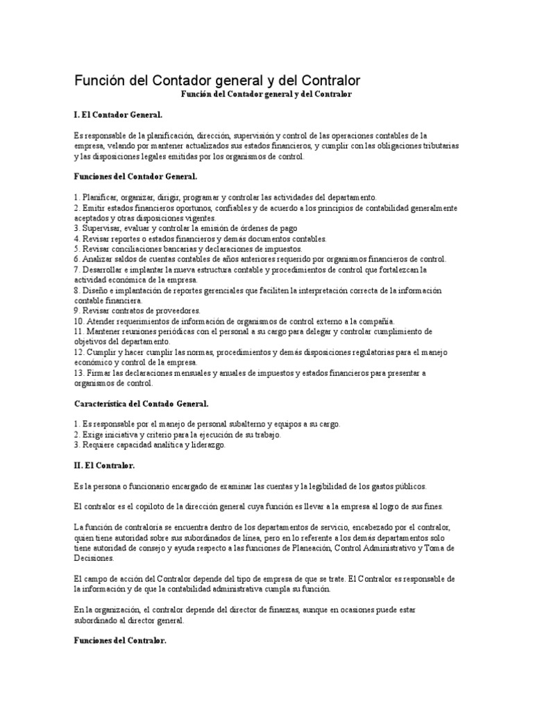 Función Del Contador General y Del Contralor | Contabilidad | Cadena de ...