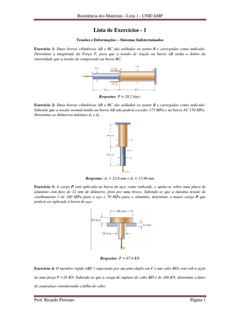 Lista 1 Resmat - Unicamp | PDF | Estresse (Mecânica) | Engenharia