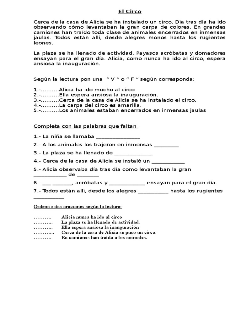 El Circo: Lectura y Actividades para Niños | PDF