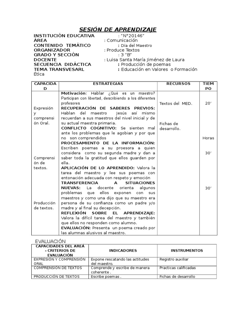 SESIÓN DE APRENDIZAJE-dia Del Maestro | PDF
