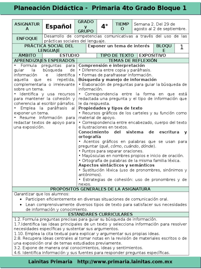Planeación Didáctica 4to Grado Español | PDF | Palabra | Lectura (proceso)