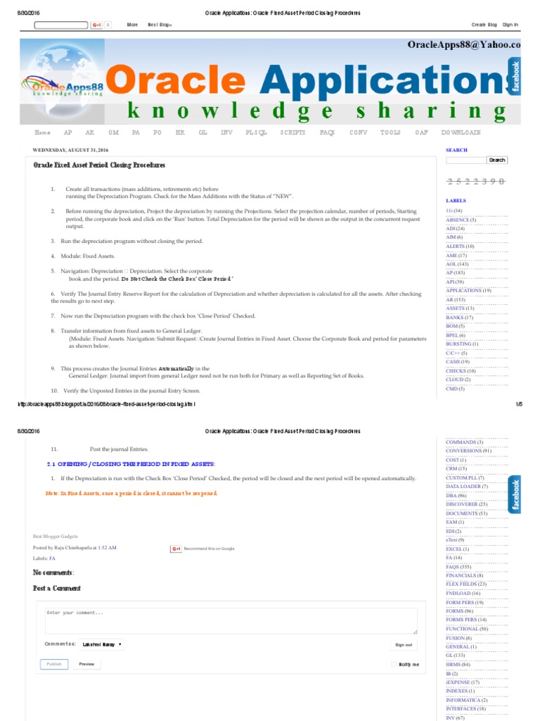Oracle Applications - Oracle Fixed Asset Period Closing Procedures | PDF | Oracle Database ...