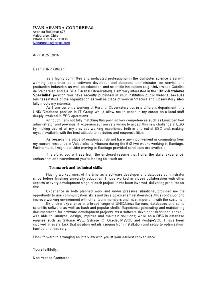 IvanArandaC MotivationalLetter UNIXDatabaseESO | PDF | Databases | Software Development