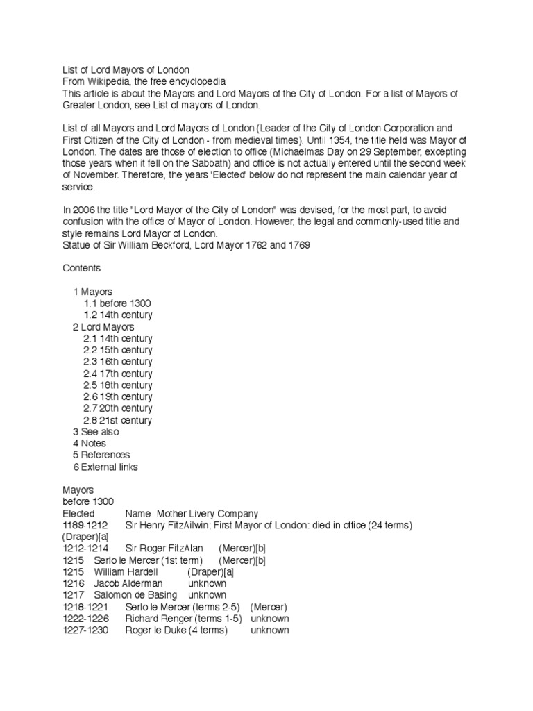 List of London Lord Mayors | PDF | London