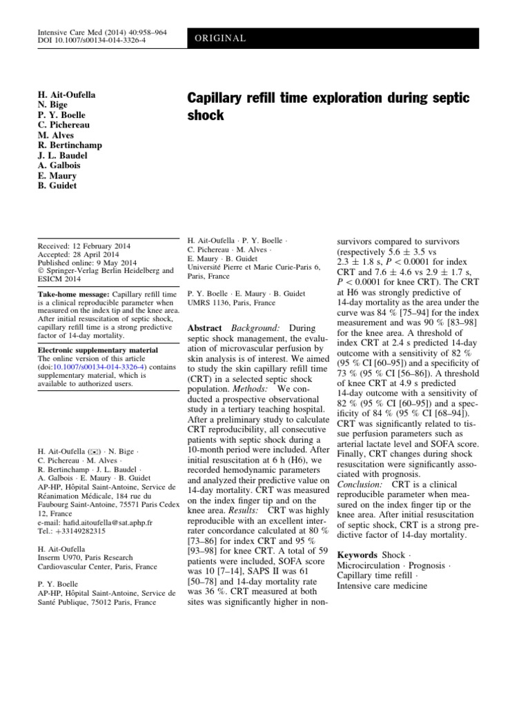 Capillary Refill Time Exploration During Septic Shock | Sepsis | Shock ...