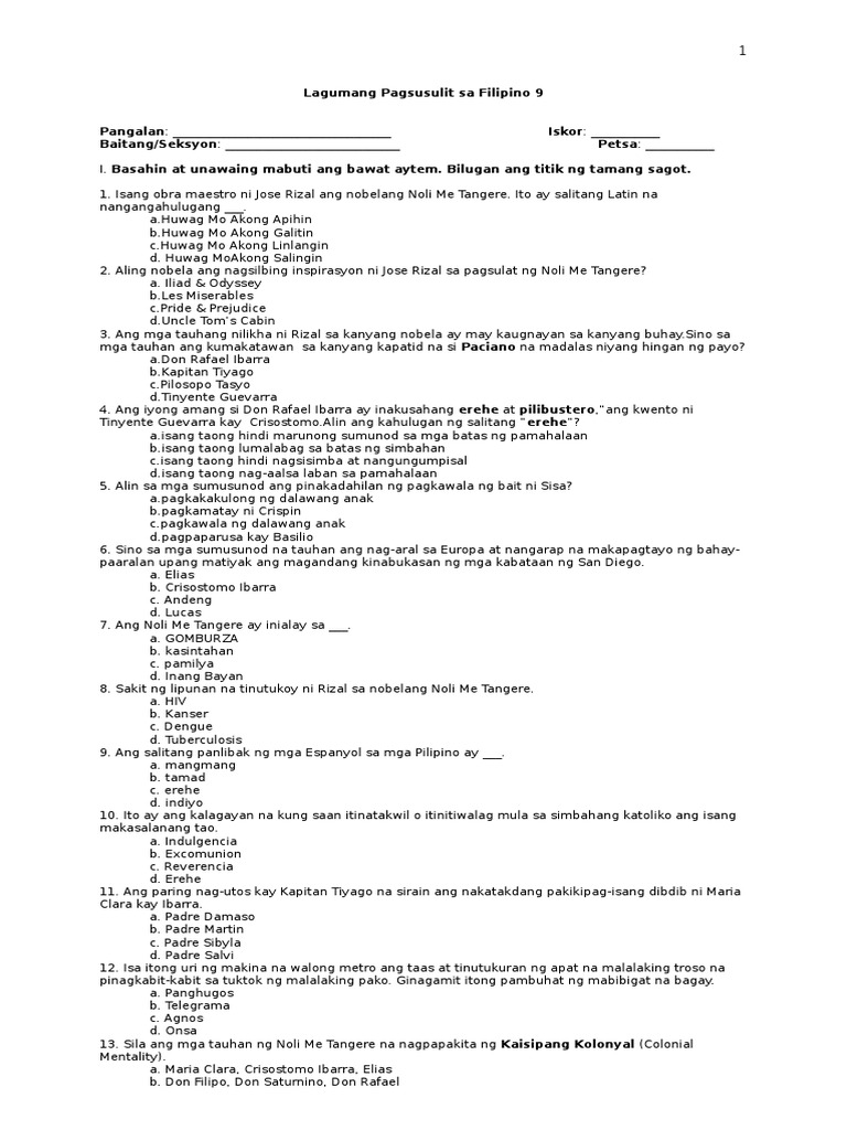 Pagsusulit Sa Filipino 9 | PDF