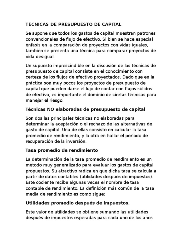 Técnicas Básicas de Presupuesto Capital | PDF | Presupuesto | Contabilidad