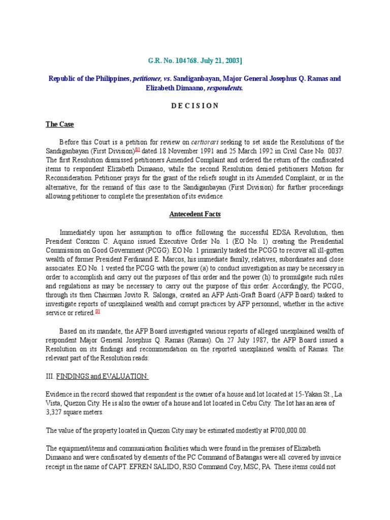 Republic of The Philippines, Petitioner, vs. Sandiganbayan, Major ...