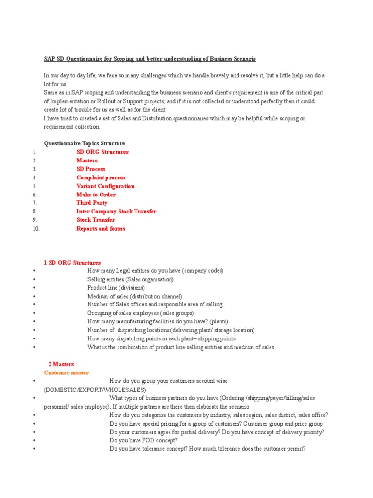 SAP SD Questionnaire For Scoping and Better Understanding of Business ...