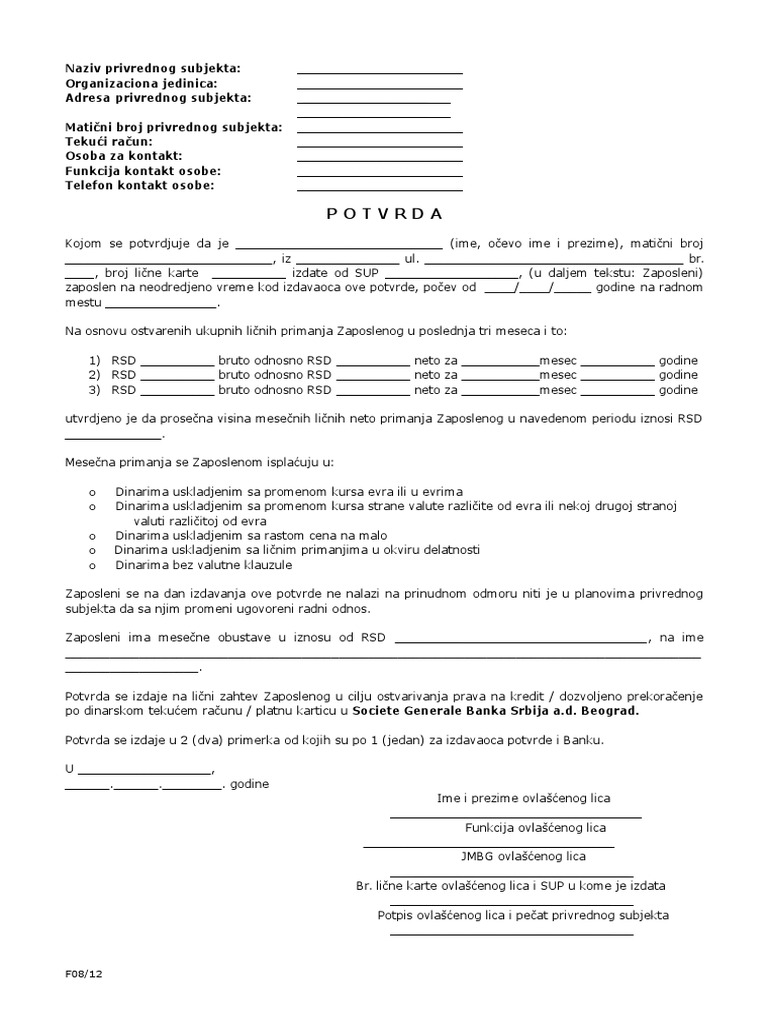 Potvrda o Visini Primanja | PDF