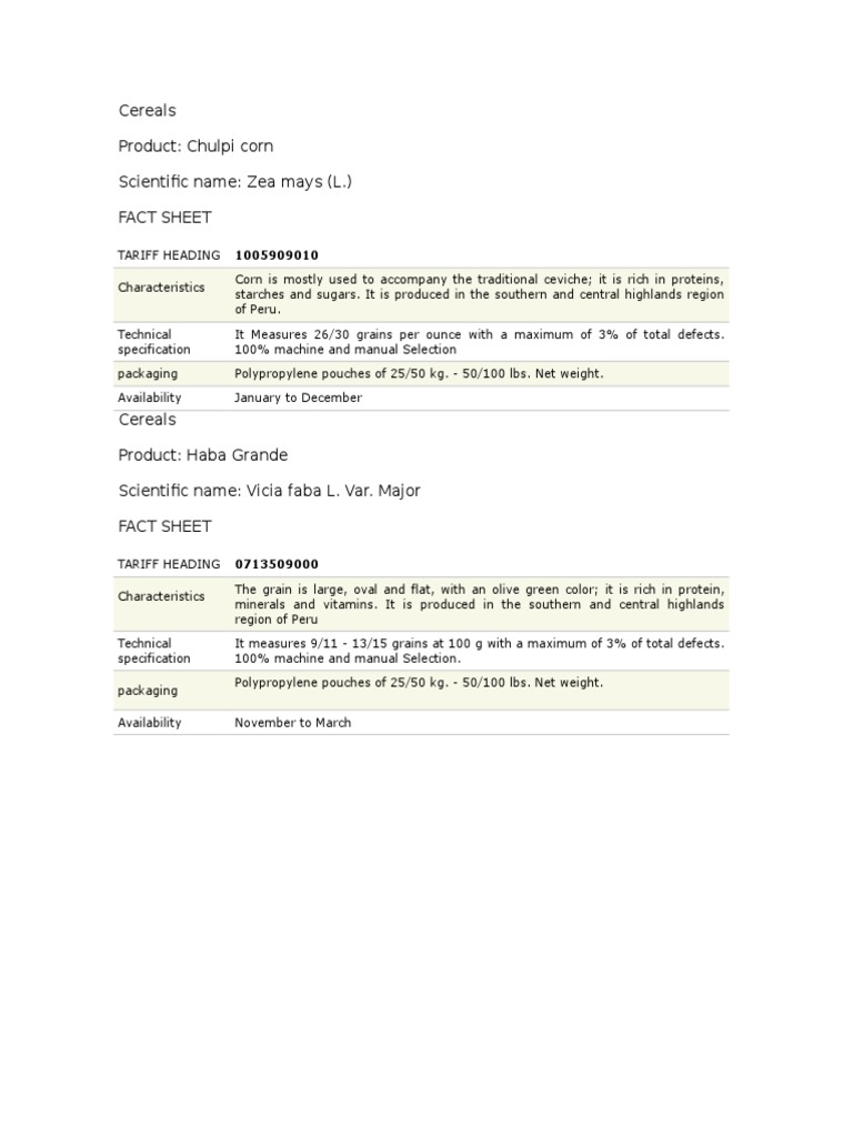 Cereals Product: Chulpi Corn Scientific Name: Zea Mays (L.) Fact Sheet ...