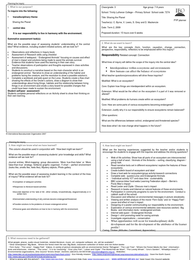 PYP Planner Sharing The Planet PDF | PDF | Inquiry | Educational Technology