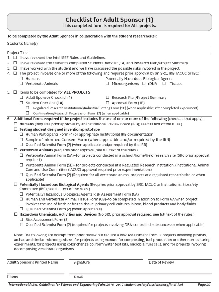 Checklist For Adult Sponsor (1) : This Completed Form Is Required For ...