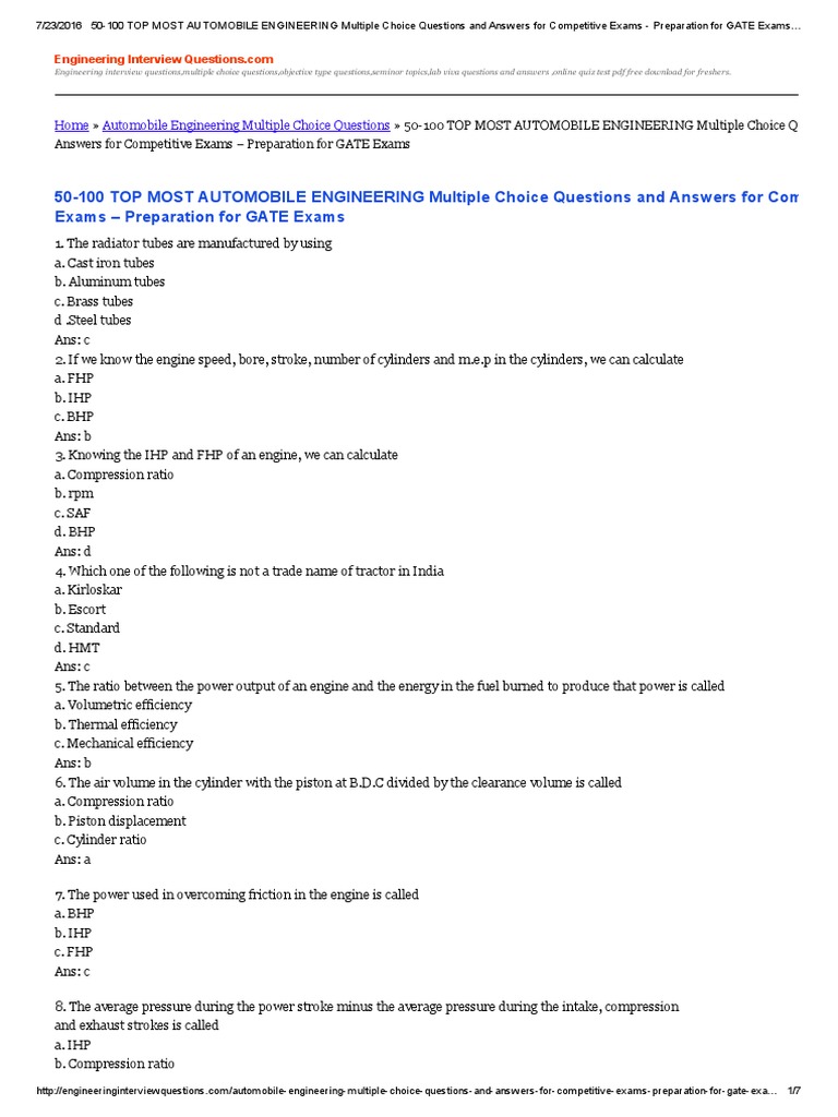 50-100 TOP MOST AUTOMOBILE ENGINEERING Multiple Choice Questions and ...