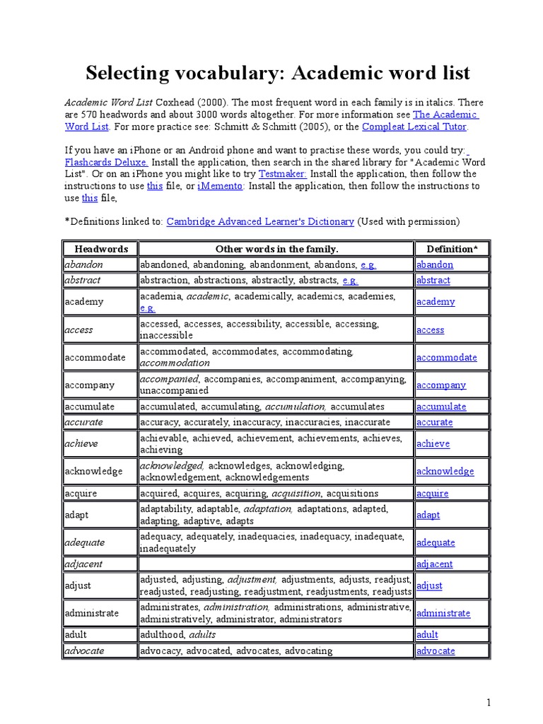 Selecting Vocabulary: Academic Word List: Headwords Other Words in The ...