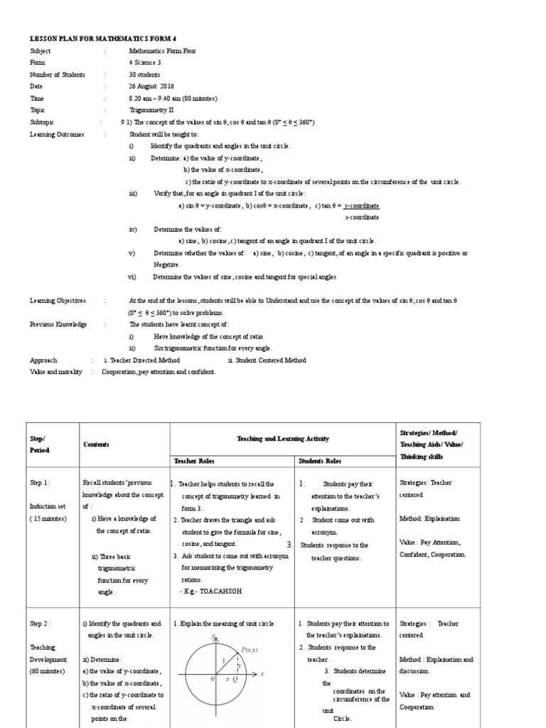 Trigonometry II Lesson Plan for Form 4 | PDF | Trigonometric Functions ...