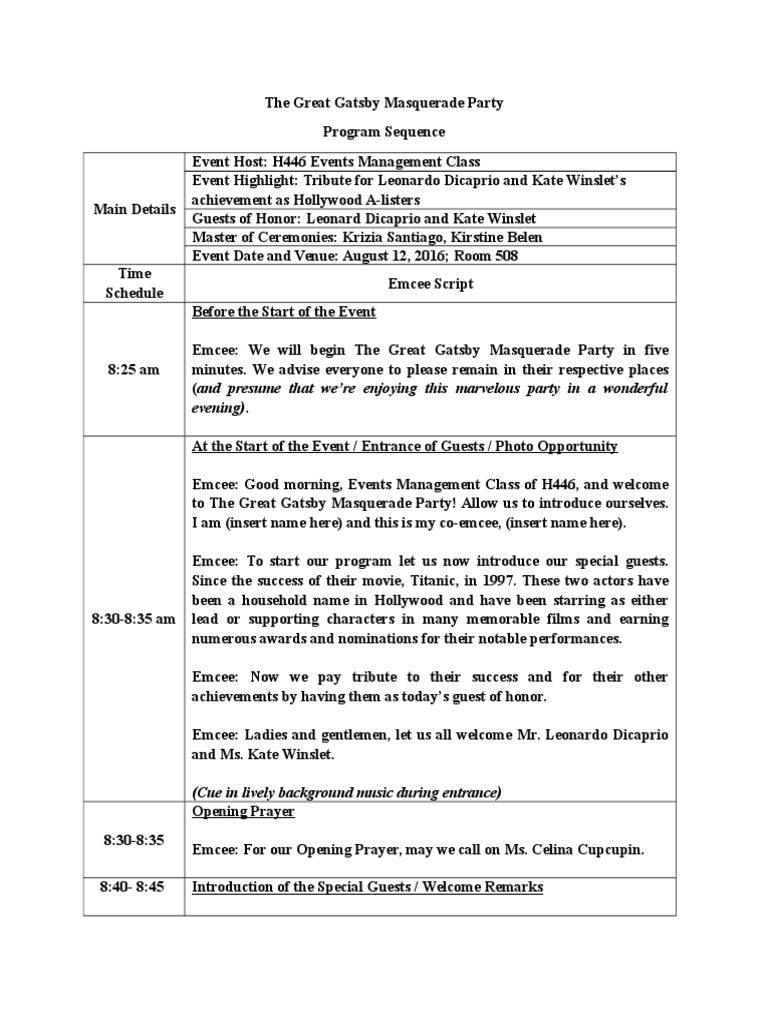 Great Gatsby Masquerade - Program Sequence 1 | PDF