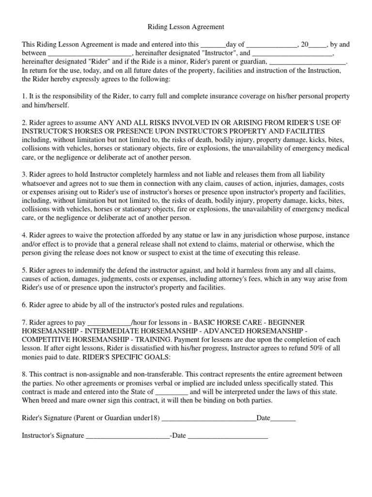 Riding Lesson Agreement | PDF | Equestrianism | Negligence