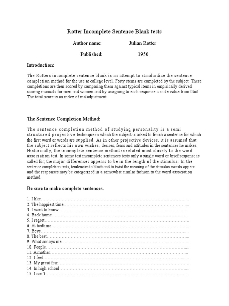 Rotter Incomplete Sentence Blank Test1 | Psychological Concepts ...