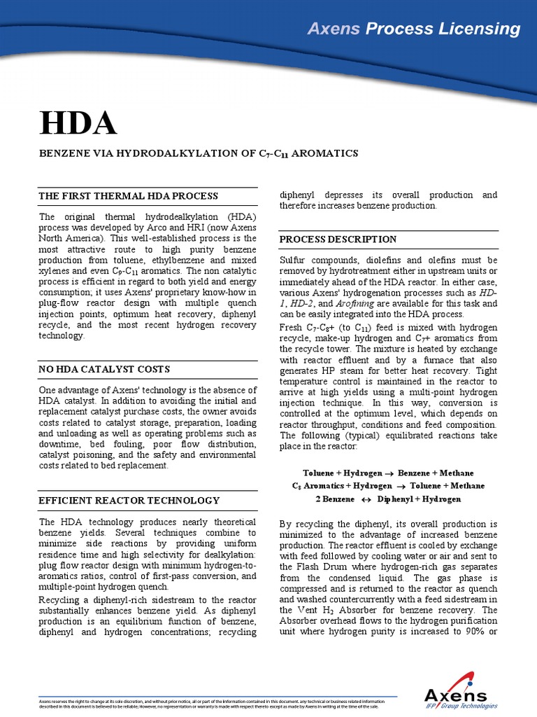 Hda Process Flow Diagram PDF | PDF | Benzene | Toluene
